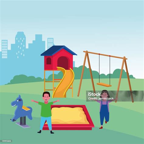 키즈 존 행복한 소년과 소녀 Swign 슬라이드 샌드 박스 봄 말 도시 놀이터 공원에 대한 스톡 벡터 아트 및 기타 이미지 공원 귀여운 놀기 Istock