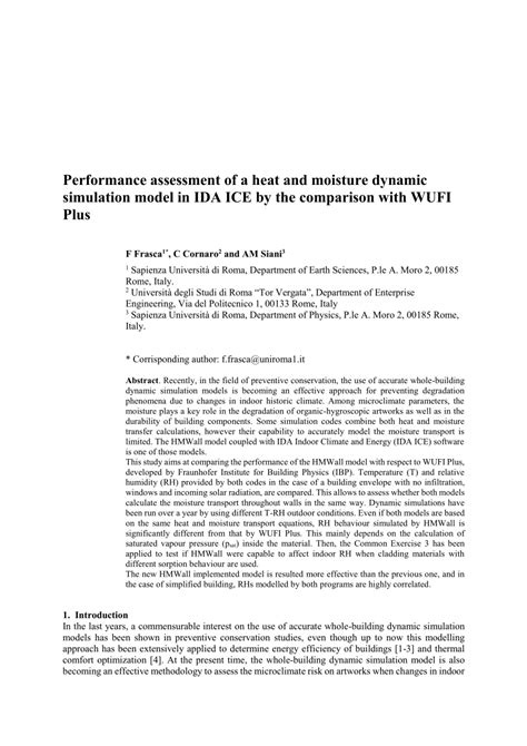 Pdf Performance Assessment Of A Heat And Moisture Dynamic Simulation Model In Ida Ice By The