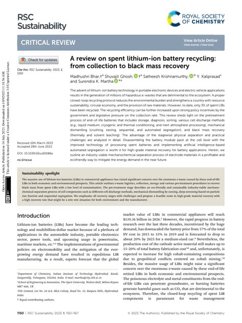 A Review On Spent Lib Recycling From Collection To Black Mass Recovery Bhar Et Al 2023 Pdf