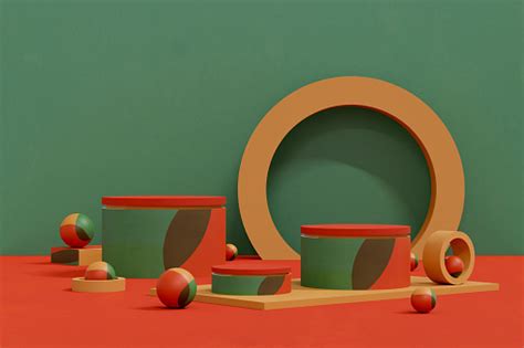 화장품 프리젠 테이션을위한 다채로운 원형 무대 연단파스텔 색상 배경의 제품에 대한 모형 인사말 카드 포스터 및 배너 모형 템플릿 3d 일러스트 레이 션 0명에 대한 스톡