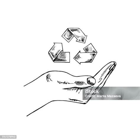 손으로 그린 흑백 스케치는 빈 손에 재활용 기호를 그린다 에코 생태 관리 자연 보호 낙서 벡터 그림입니다 포도 수확 개념에 대한 스톡 벡터 아트 및 기타 이미지 Istock