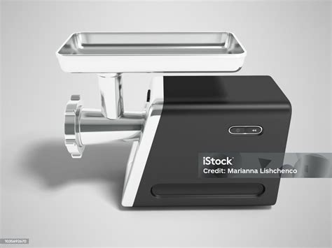 현대 까만 전기 고기 분쇄기 금속 보기 관점 위에서 그림자와 회색 배경에 3d 렌더링 개인 장식품에 대한 스톡 사진 및 기타 이미지 개인 장식품 고기 고기 분쇄기