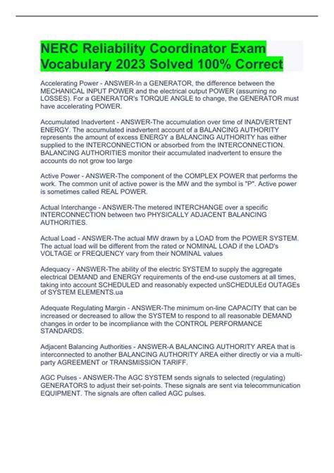 Nerc Reliability Coordinator Exam Vocabulary 2022 Nerc Reliability Coordinator Stuvia Us