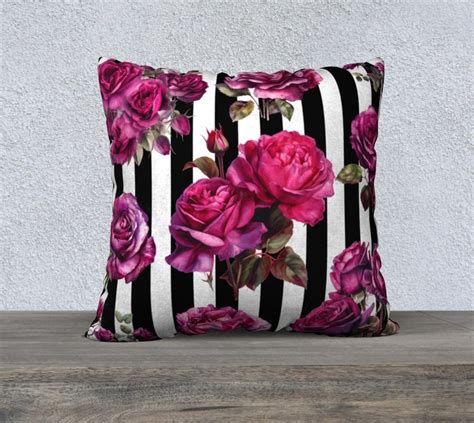 Pink Roses Black And White Stripe Pillow Cover Decorative Throw