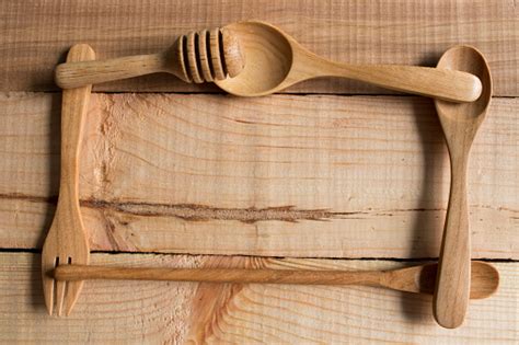 좋은 건강과 생활 숟가락 포크 꿀 디퍼 Copyspace 사용에 대 한 테이블에 주방 도구에서 나무 프레임 갈색에 대한 스톡 사진 및 기타 이미지 Istock