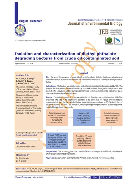 Pdf Isolation And Characterization Of Diethyl Phthalate Degrading Bacteria From Crude Oil
