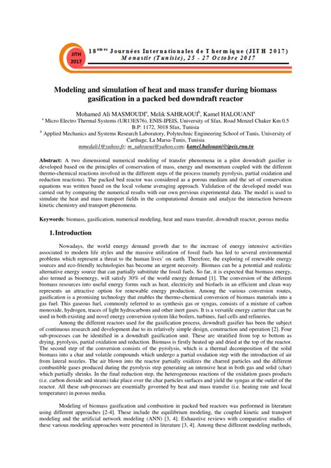 Pdf Modeling And Simulation Of Heat And Mass Transfer During Biomass Gasification In A Packed
