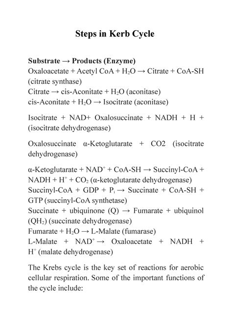 Steps In Kerb Cycle Steps In Kerb Cycle Substrate → Products Enzyme Oxaloacetate Acetyl