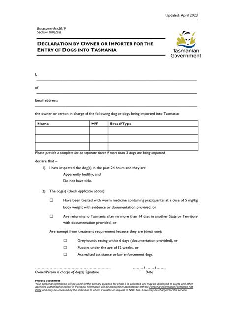 Biosecurity Tasmania Dog Import Declaration Pdf