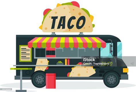 타코 푸드 트럭 길거리 식사 차량 패스트 푸드 배달 모바일 상점 벡터 일러스트 거리에 대한 스톡 벡터 아트 및 기타 이미지