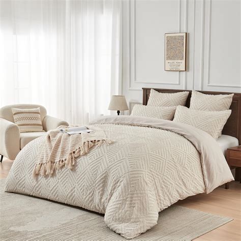 Yasmeng Beige Duvet Cover Set Queen Size Boho Tufted Jacquard With