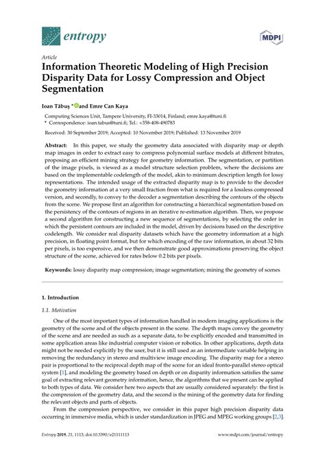 Pdf Information Theoretic Modeling Of High Precision Disparity Data For Lossy Compression And