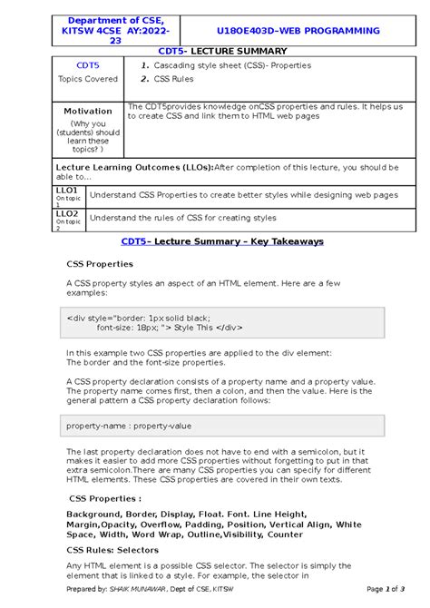 Wp Cdt5 Summary Ycchxyt Department Of Cse Kitsw 4cse Ay2022 23