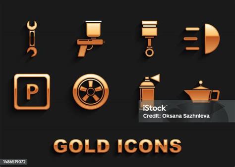 자동차 바퀴 하이빔 모터 기계 오일 캐니스터 페인트 스프레이 캔 주차 엔진 피스톤 렌치 및 총 아이콘을 설정합니다 벡터 거리에