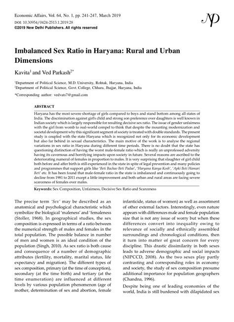 Pdf Imbalanced Sex Ratio In Haryana Rural And Urban Dimensions