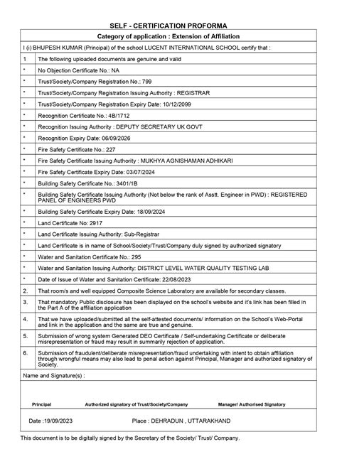 Self Certification Lucent International School Dehradun