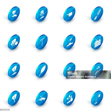 꽃 물뿌리개 트리밍을 위한 원예 수제 가위 사과가 있는 나무 땅 갈퀴 나무 상자 과일 채소 및 새싹 아이콘을 설정합니다 벡터 3차원 형태에 대한 스톡 벡터 아트 및 기타