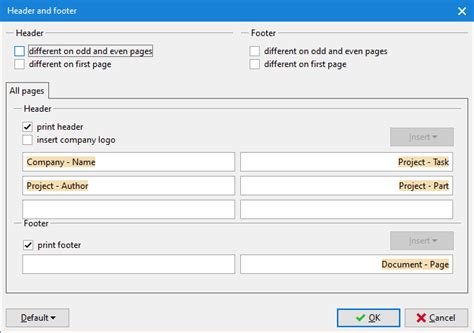 Setting Header And Footer Outputs Online Help GEO