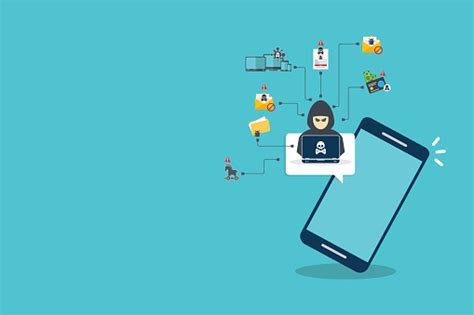 해커 휴대 전화에 악성 코드 알림 해커 경고와 스마트 폰 휴대 전화 사기 오류 메시지에 스팸 데이터 사기 바이러스 플랫 벡터 그림입니다 Brand Name Smart