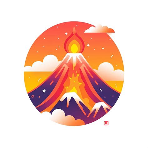 Stylized Volcano Erupting With Vibrant Colors And Clouds In A Circular Design Premium AI