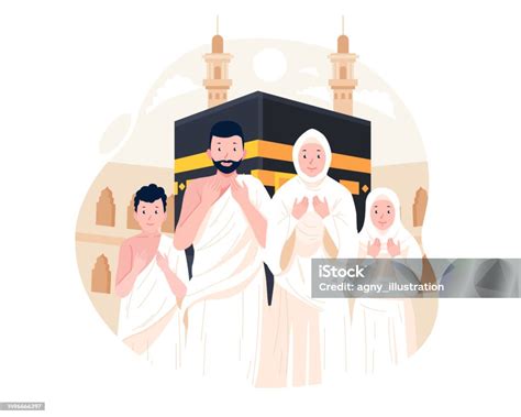이슬람 Hajj 순례 무슬림 가족은 Kaaba 배경으로 Hajj 또는 Umrah 순례를 수행하는 Ihram 옷을 입습니다 플랫 스타일의 벡터 그림 Umrah에 대한 스톡
