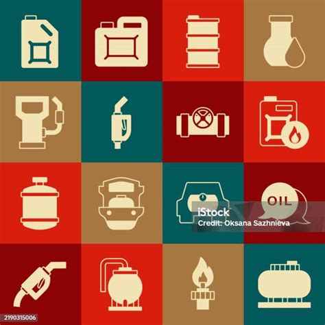 오일 탱크 저장 워드 오일 모터용 캐니스터 배럴 가솔린 펌프 노즐 휘발유 주유소 금속 파이프 및 밸브 아이콘을 설정합니다 벡터 0명에 대한 스톡 벡터 아트 및 기타 이미지