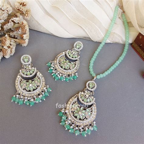 Sea Green Color Mirror Pearl Mala Set FashionCrab Com