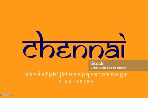인도 도시 첸나이 텍스트 디자인입니다 인도 스타일의 라틴 글꼴 디자인 Devanagari는 알파벳 문자 및 숫자 일러스트레이션에서 영감을 받았습니다 0명에 대한 스톡 벡터