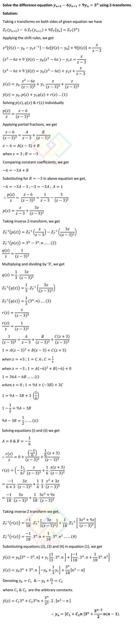 solve the difference equation y n 2 6y n 1 9y n 3 n using z