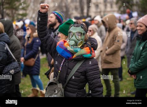 Environmental Protests Woman With Gas Mask Rising Hand Fist On