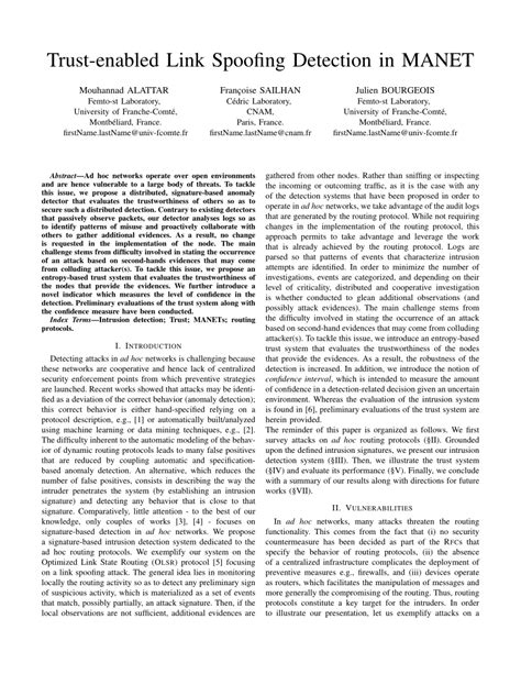 pdf trust enabled link spoofing detection in manet