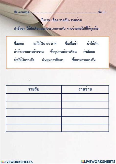 ใบงานสังคมป2 เรื่องรายรับ รายจ่าย Online Exercise For Live Worksheets
