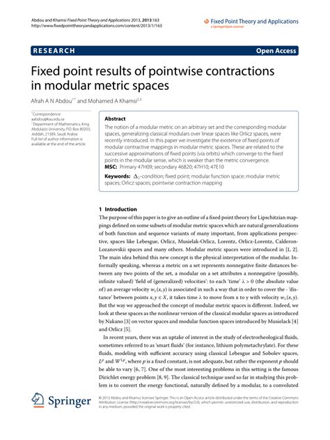 Pdf Fixed Point Results Of Pointwise Contractions In Modular Metric Spaces