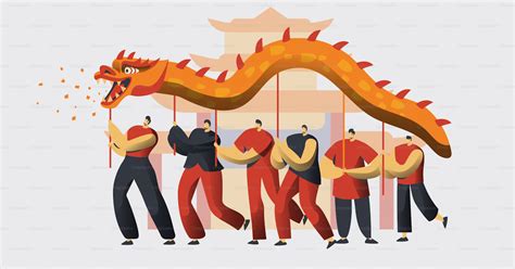 중국 설날 드래곤 댄스 축제 아시아 음력 휴일 캐릭터 전통 파티 퍼레이드 행복한 남자는 배너 플랫 만화 벡터 일러스트레이션에 대한 번영 개념을 축하한다 벡터