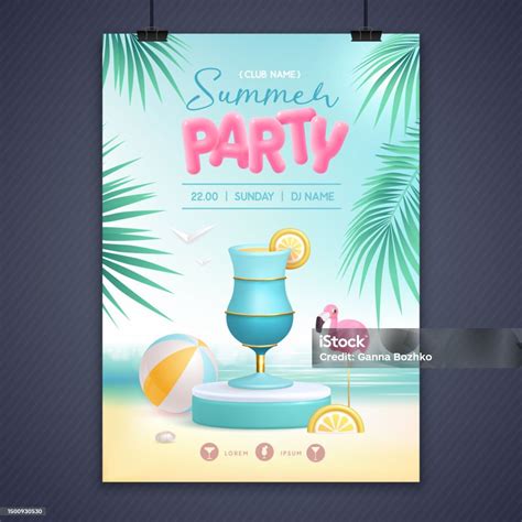 3d 무대와 칵테일 블루 라군이 있는 여름 디스코 파티 포스터 화려한 여름 해변 장면입니다 벡터 그림 여름에 대한 스톡 벡터 아트 및 기타 이미지 Istock