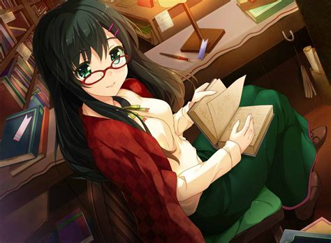 배경 화면 삽화 긴 머리 애니메이션 소녀들 갈색 머리의 안경 녹색 눈 서적 웃고있는 만화 지형도 스크린 샷