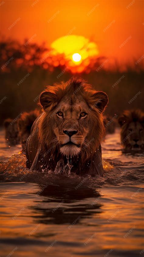 Premium Ai Image A Lion And Two Cubs Are Swimming In The Water At Sunset