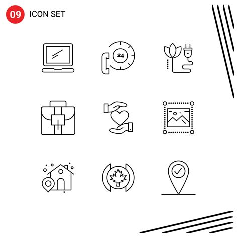 Group Of 9 Outlines Signs And Symbols For Heart Business Contact Briefcase Cable Editable Vector