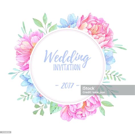 수채화 그림입니다 꽃 요소와 레이블을 지정 합니다 모란 푸른 꽃으로 꽃다발 고 분기 청첩장 인사장 인쇄 또는 포스터에 대 한 완벽 한 0명에 대한 스톡 벡터 아트 및 기타