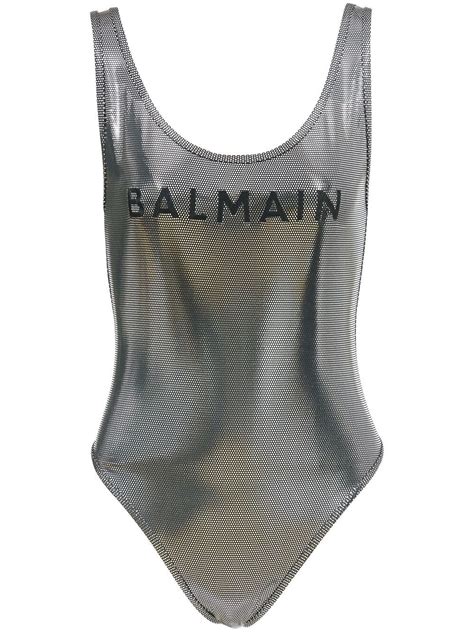 Balmain Metallic Effect Logo Print Swimsuit In Grey 48 Off