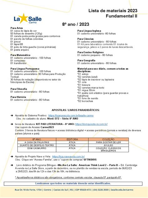 Lista De Material 8º Ano Pdf Livros Caneta