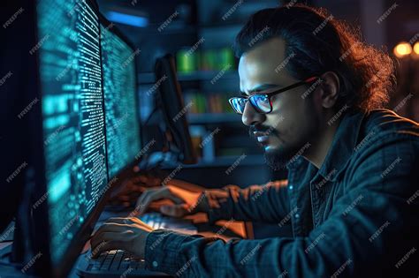 Premium Ai Image Young Male Programmer In Eyeglasses Works In Front Of Multiple Monitors In