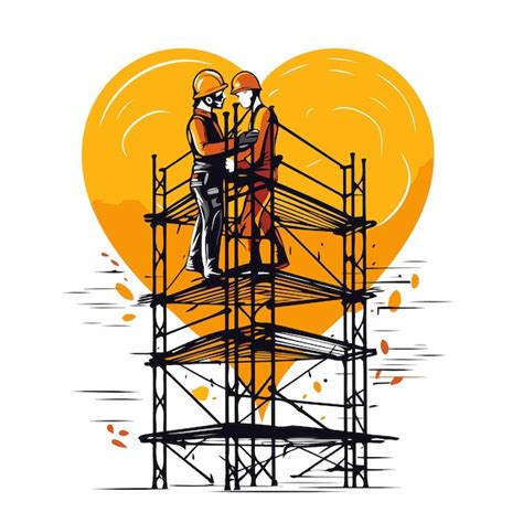 Premium Vector Construction Workers On Scaffolding With Heart Shape Background Vector Illustration