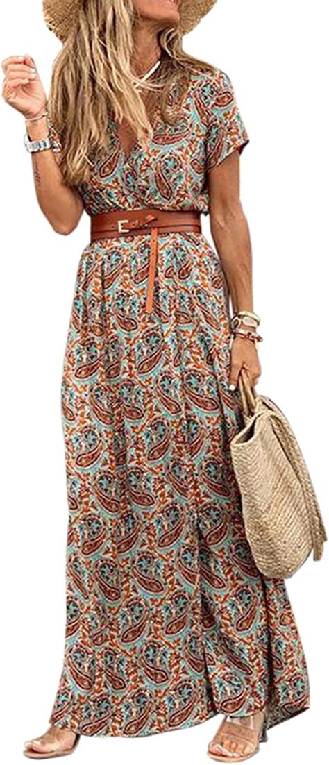 Geagodelia Maxi Sommarklänning Elegant För Kvinnor Bohemisk Klänning Blommotiv V Hals