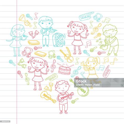 음악 학교 아이 들 벡터 일러스트 어린이 대 한 노래를 노래 연주 악기 유치원 낙서 아이콘 컬렉션 아이 들 음악 레슨에 대 한