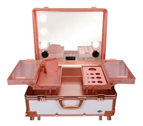 Maleta Maquiagem Camarim Portátil Com Espelho Led E Som Rose