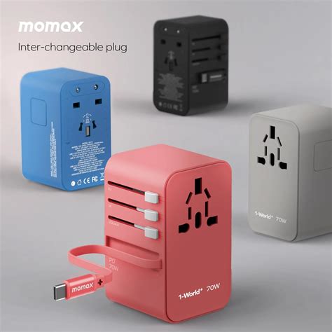 Momax 1 World 70w Gan 3 Port Built In Usb C Cable Travel Adaptor Black
