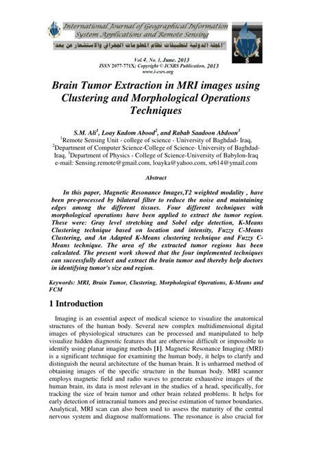 Pdf Brain Tumor Extraction In Mri Images Using Clustering And Morphological Operations Techniques