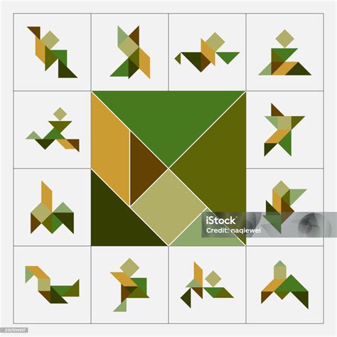 벡터 세트 색상 미니멀리즘 기하학적 탱그램 퍼즐 모양 게임 디자인 컬렉션 0명에 대한 스톡 벡터 아트 및 기타 이미지 0명