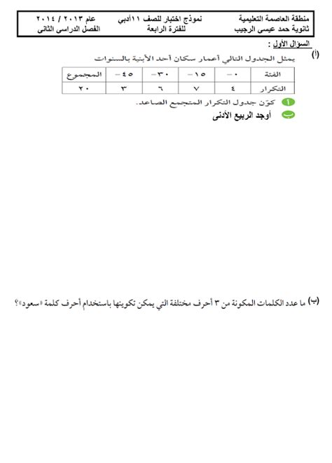 نموذج اختبار2 رياضيات الصف الحادي عشر أدبي الفصل الثاني ثانوية حمد عيسى